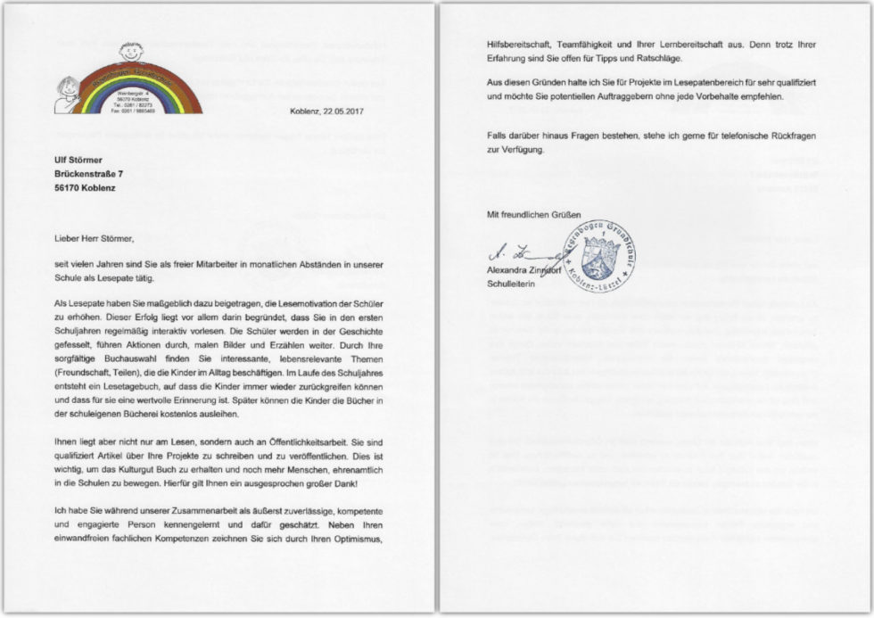 Brief Schulleitung der Regenbogenschule | der-lesemann.de
